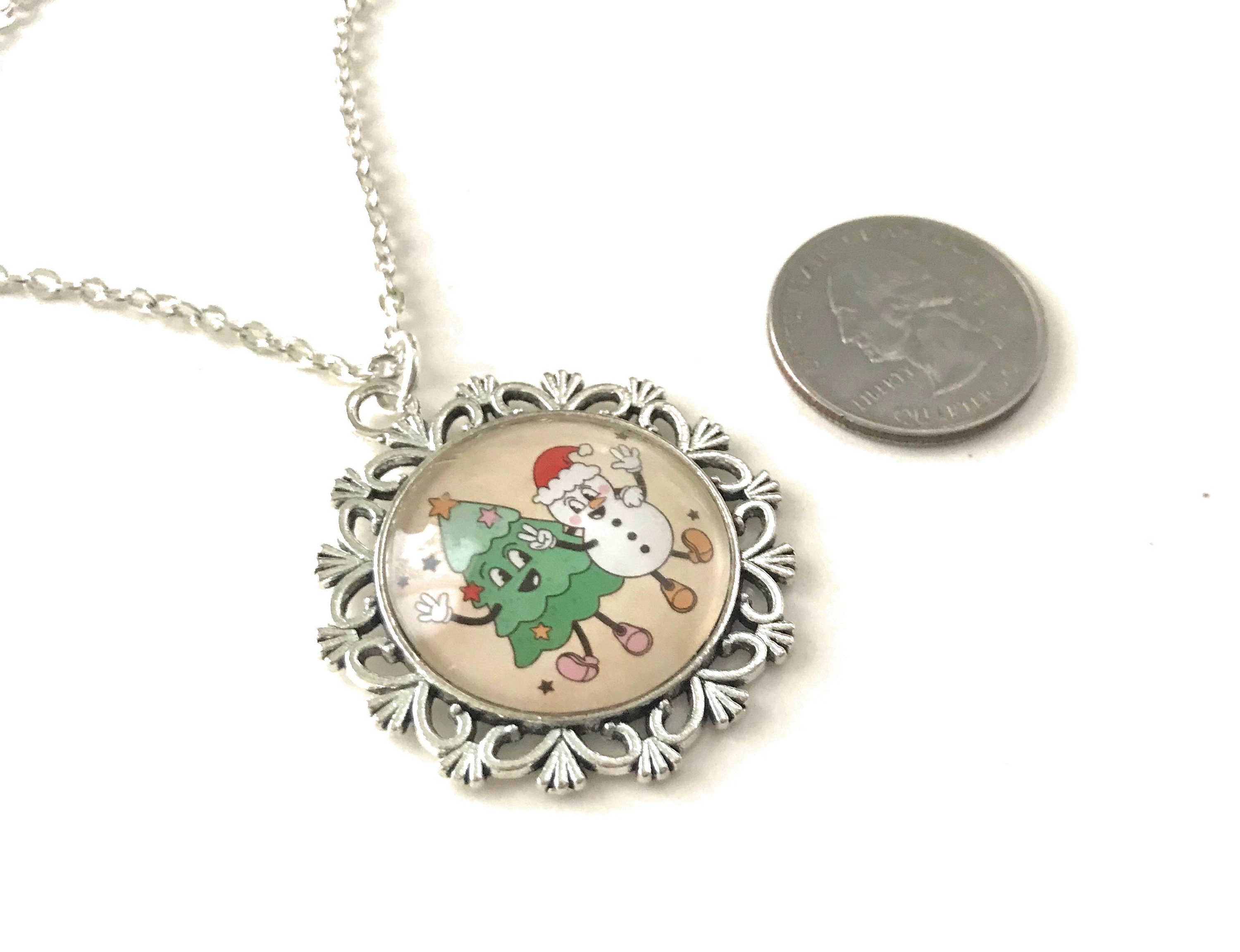 Retro Christmas Tree and Snowman Pendant Necklace - Christmas Jewelry ...