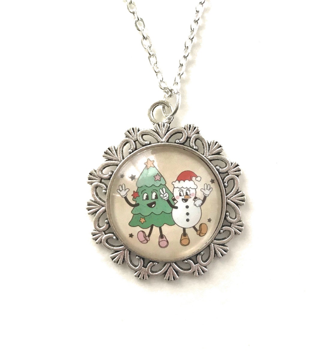Retro Christmas Tree and Snowman Pendant Necklace - Christmas Jewelry ...