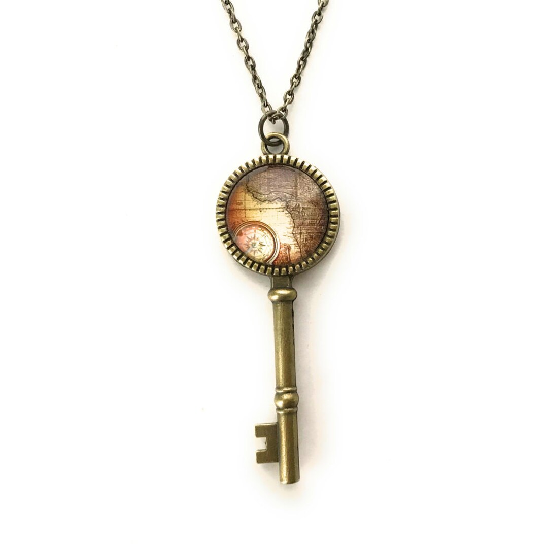 Traveler Map and Compass Brass Skeleton Key Necklace for Women ...