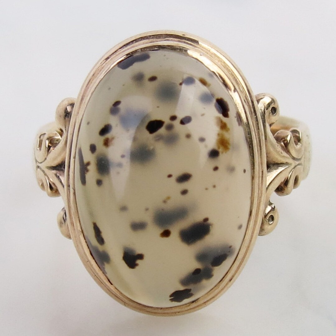The Spotted Leopard Natural Agate Oval Cabochon Vintage 14k Yellow Gold ...
