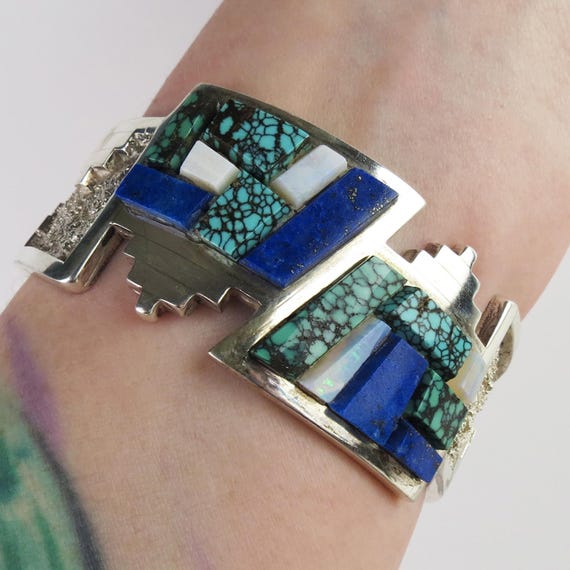 Vintage bold design Larry Castillo Navajo multi gem o… - Gem