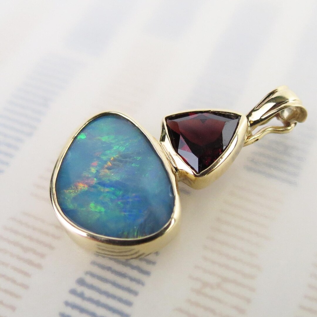 Fine Blue Australian Opal Red Garnet 14k Yellow Gold Pendant Signed ...
