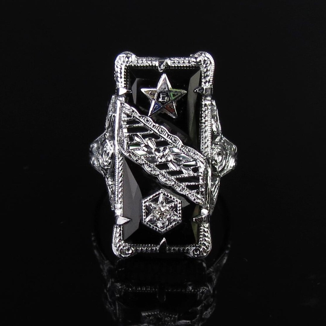 Pristine Vintage Art Deco Era 14k White Gold Black Onyx Diamond ...