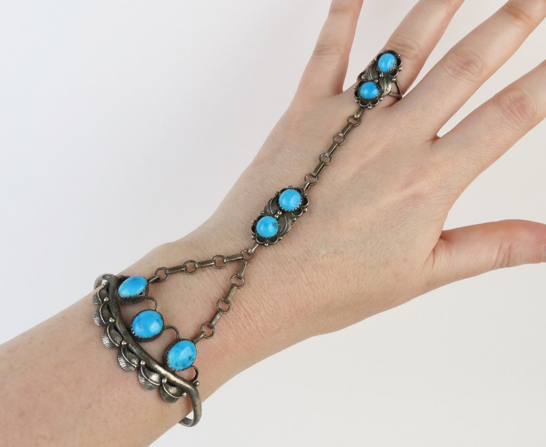 Vintage Native American Navajo Sterling Silver Slave Bracelet Ring Set With Wonderful Blue ...