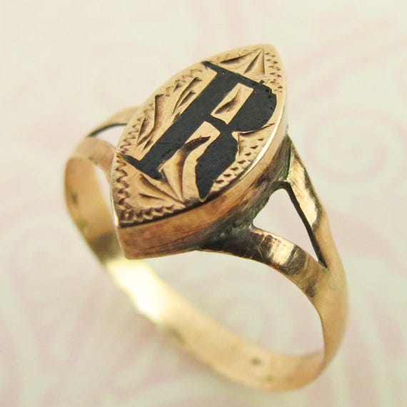 Antique Victorian signet letter R monogram 10k yellow… - Gem