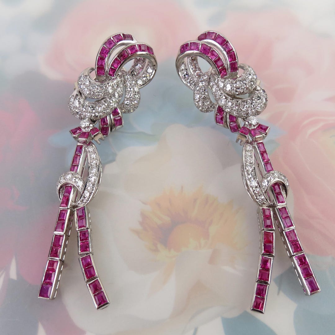 Swirls of Retro Delight Diamond and Natural Ruby Long Dangle Day Night ...