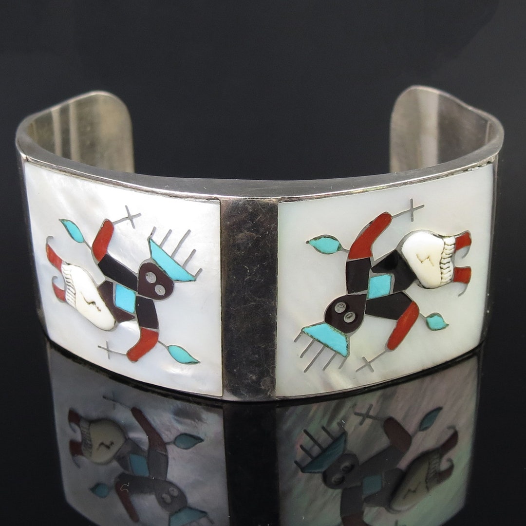 Tony Ohmsatte Zuni Cuff Bracelet: Apache Crown Dancers, Turquoise, Onyx ...
