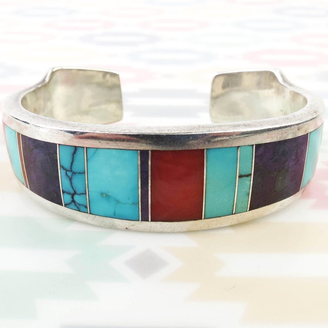 Vintage Ray Tracey Native American Sterling Silver Inlay Cuff Bracelet ...