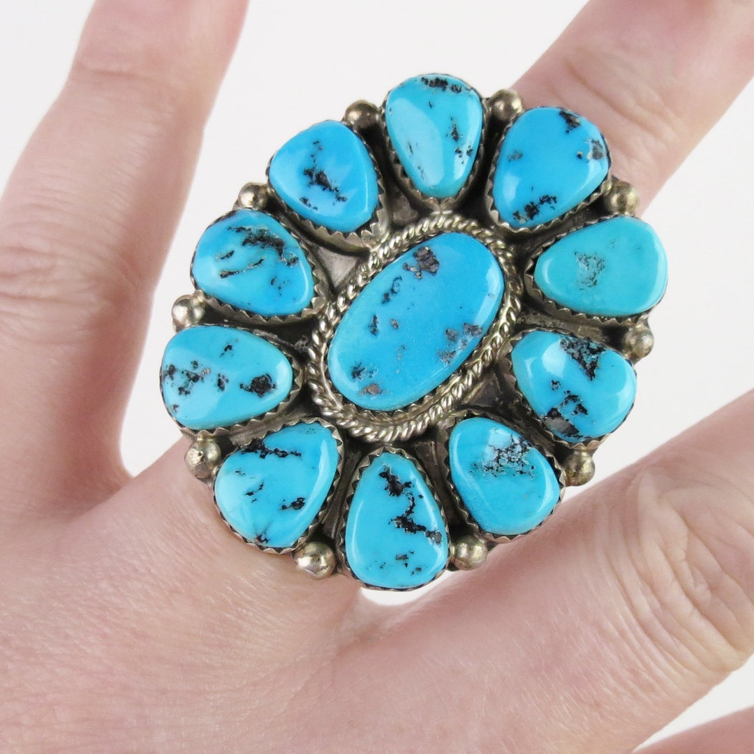 Vintage Native American Turquoise Cluster Sterling Silver Ring by Ben ...