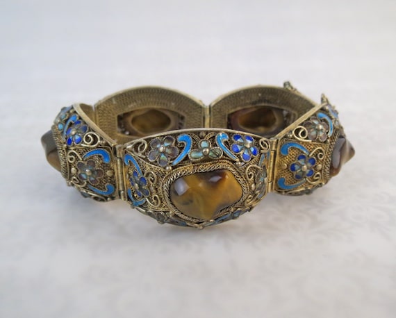 Fine Chinese filigree gilt silver enamel & Tigers Eye… - Gem
