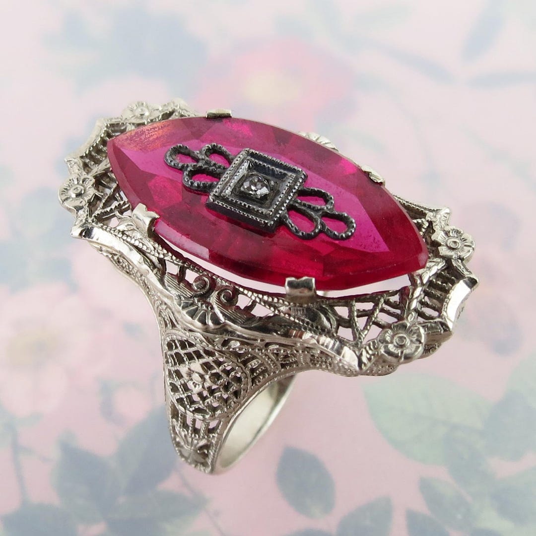 Art Deco Filigree 14k White Gold Synthetic Ruby & Diamond Ring - Size 6 ...