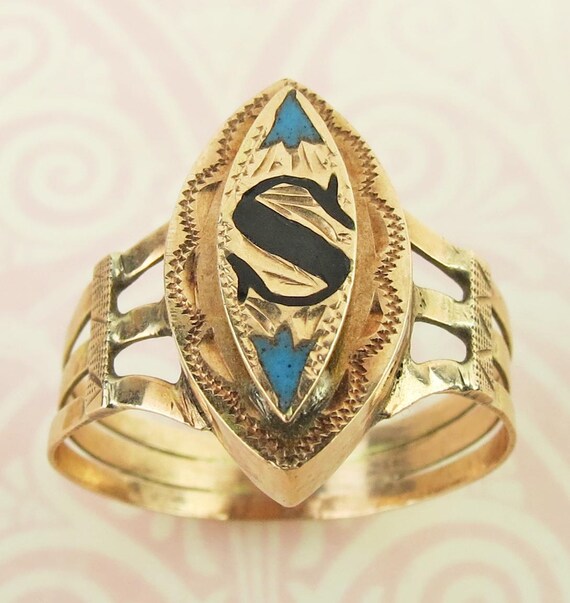 Antique Victorian signet letter "S" 10k yellow gold e… - Gem