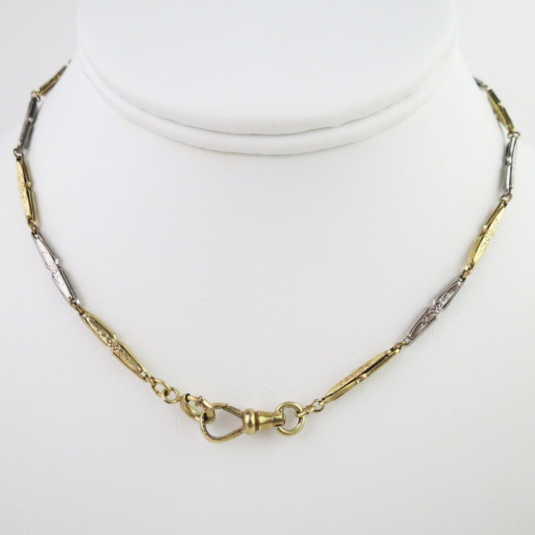 Vintage Gold Filled Alternating White & Yellow Long Link Watch Chain W ...