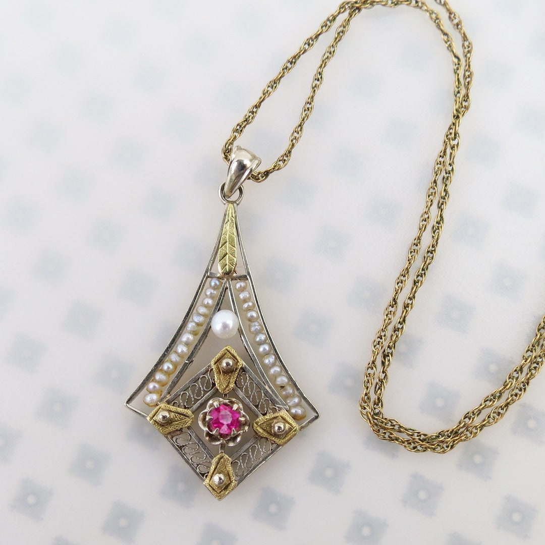 Antique 10k Gold Lavalier Pendant Necklace: Seed Pearls & Synthetic ...