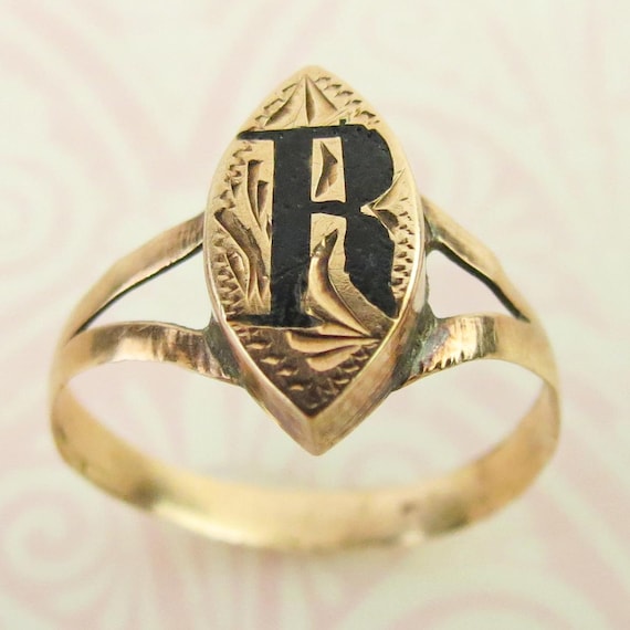 Antique Victorian signet letter R monogram 10k yellow… - Gem