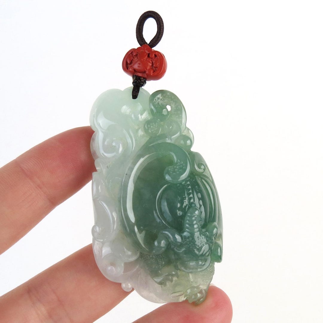 Fine Type A Natural Translucent Jade Carved Two Tone Green Carved ...