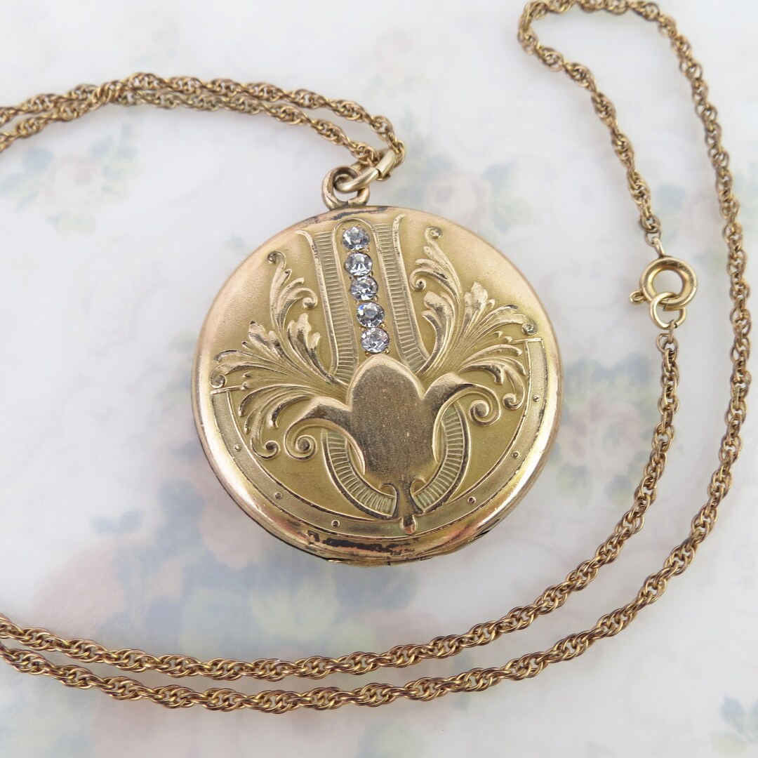 Antique Gold Filled Locket: Art Nouveau Floral Rhinestone Pendant - Etsy