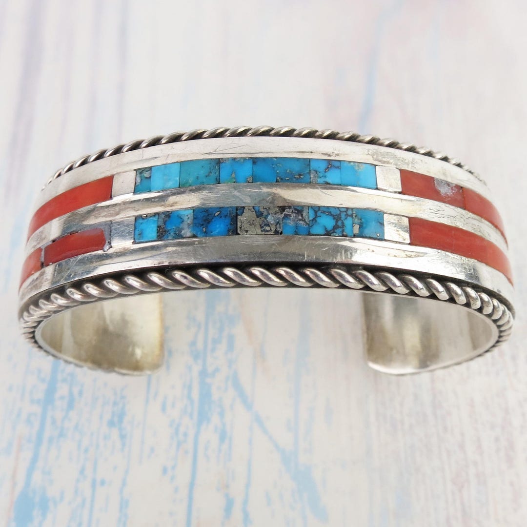 Double Inlay Row Orange Spiny Oyster Turquoise Vintage Thick Sterling ...