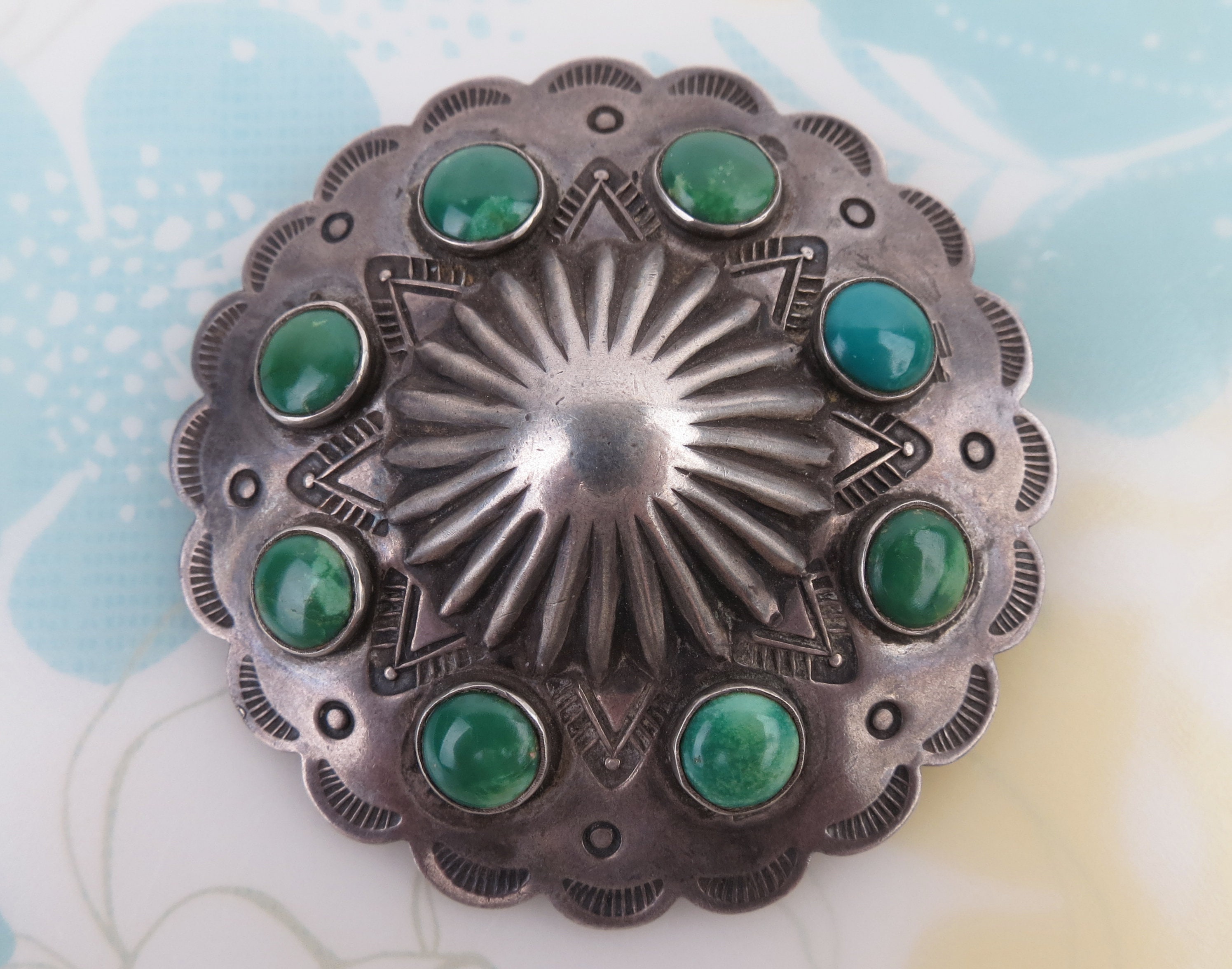 Fine Sterilng Silver Patina Green Turquoise 1950s Fred Harvey Round ...
