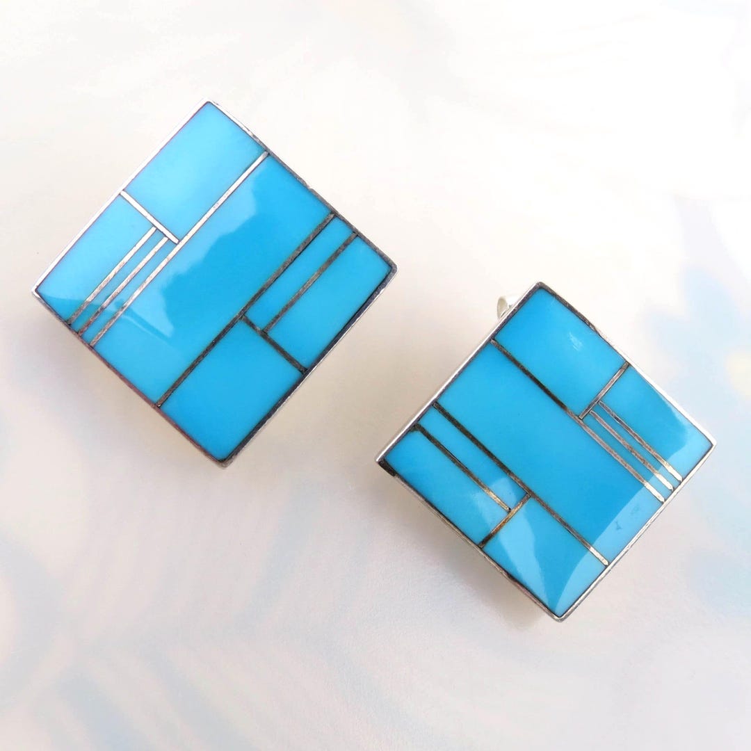 Vintage Ray Tracey Sterling Silver Turquoise Inlay Earrings - Etsy