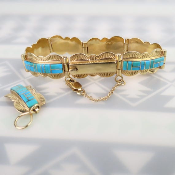 Native American southwest beauty 14k yellow gold blue… - Gem