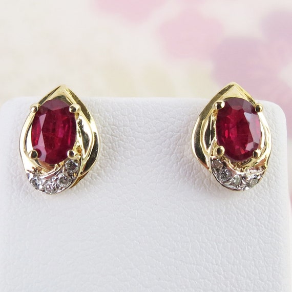 Natural Deep Red 1 Carat Ruby Earrings in 14k Yellow Gold With Diamond Accents Post Earring Studs Etsy