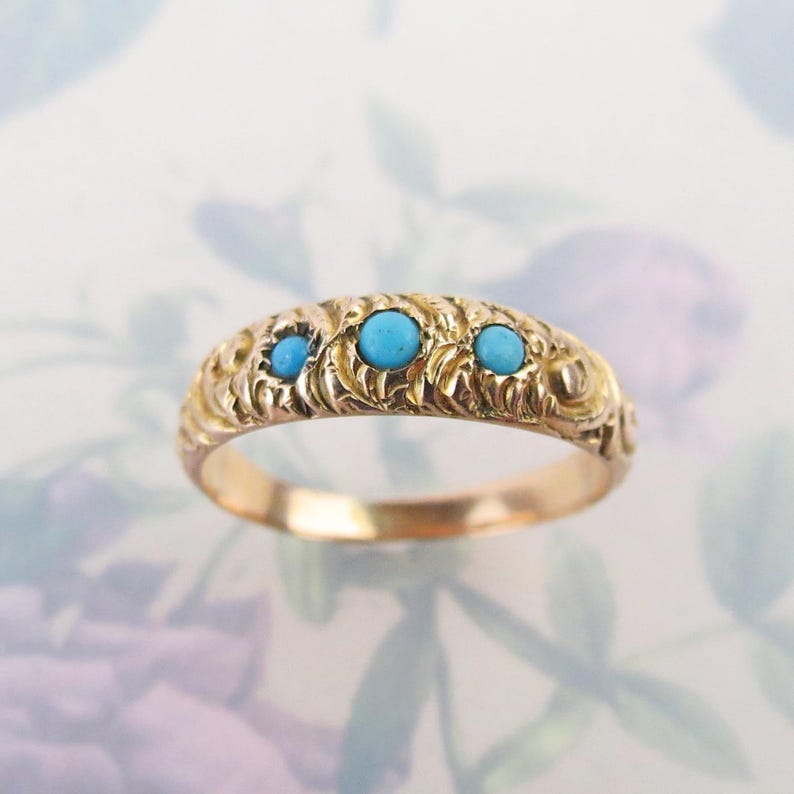 Victorian Sweet Three Turquoise Row 10k Yellow Gold Swirls Repousse ...