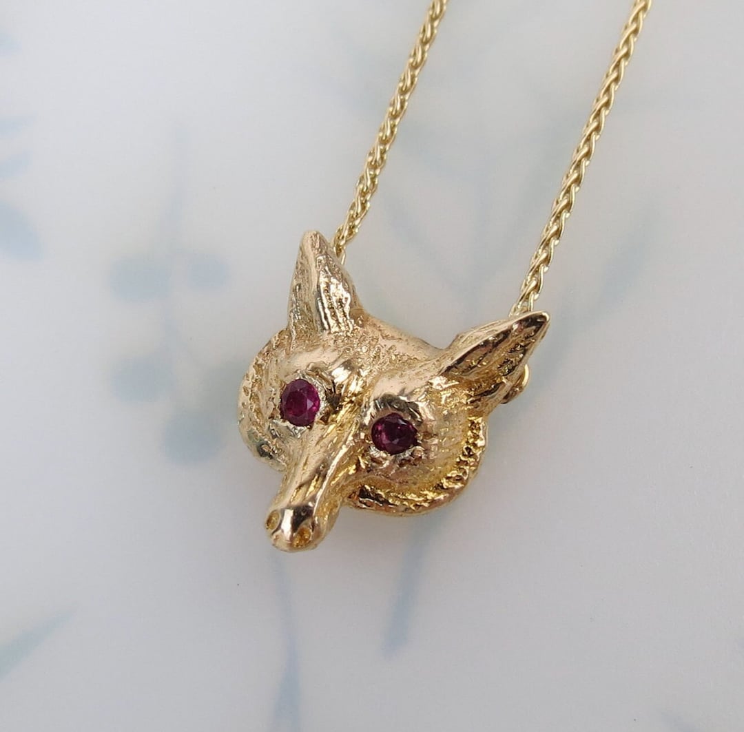 Ruby Red Eyes Cute Little Foxy Fox 9k Gold Pendant on 14k Gold Chain ...