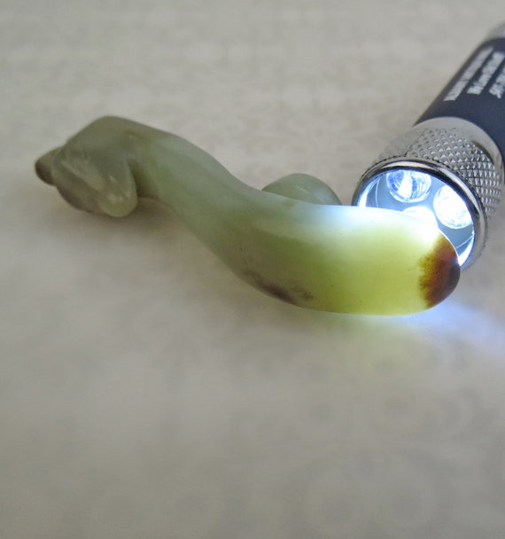 Vintage Chinese carved celadon brown nephrite jade De… - Gem