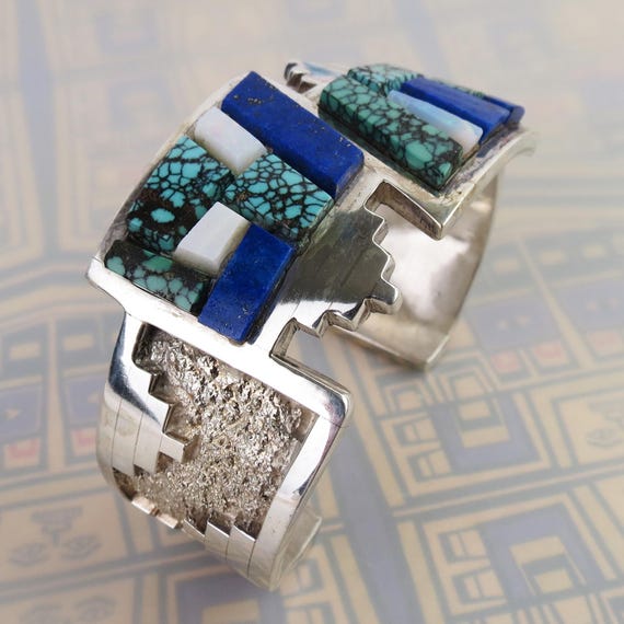 Vintage bold design Larry Castillo Navajo multi gem o… - Gem