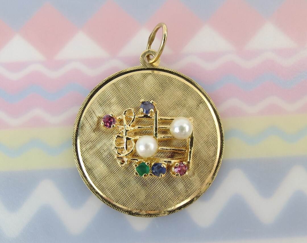Round Treble Clef 14k Gold Musical Bar Emerald Sapphire Pearl - Etsy