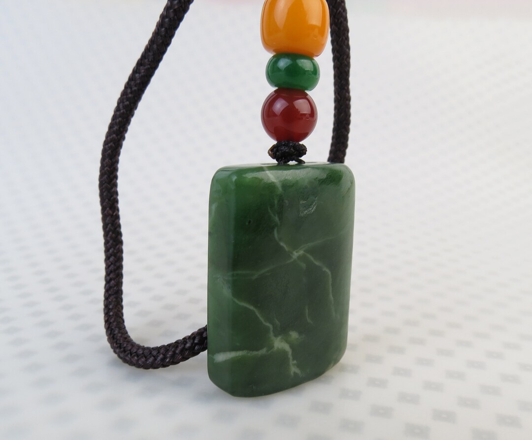 Fine Veined Green Nephrite Jade Pendant or Tablet Bracelet With Orange ...