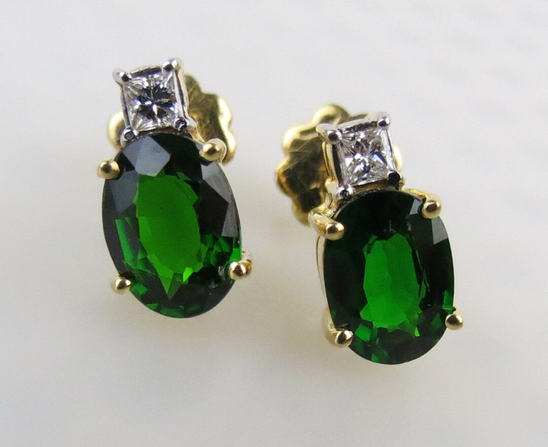 Deep Green Hue Natural Diopside Oval Faceted Gems Set in 18k Yellow ...