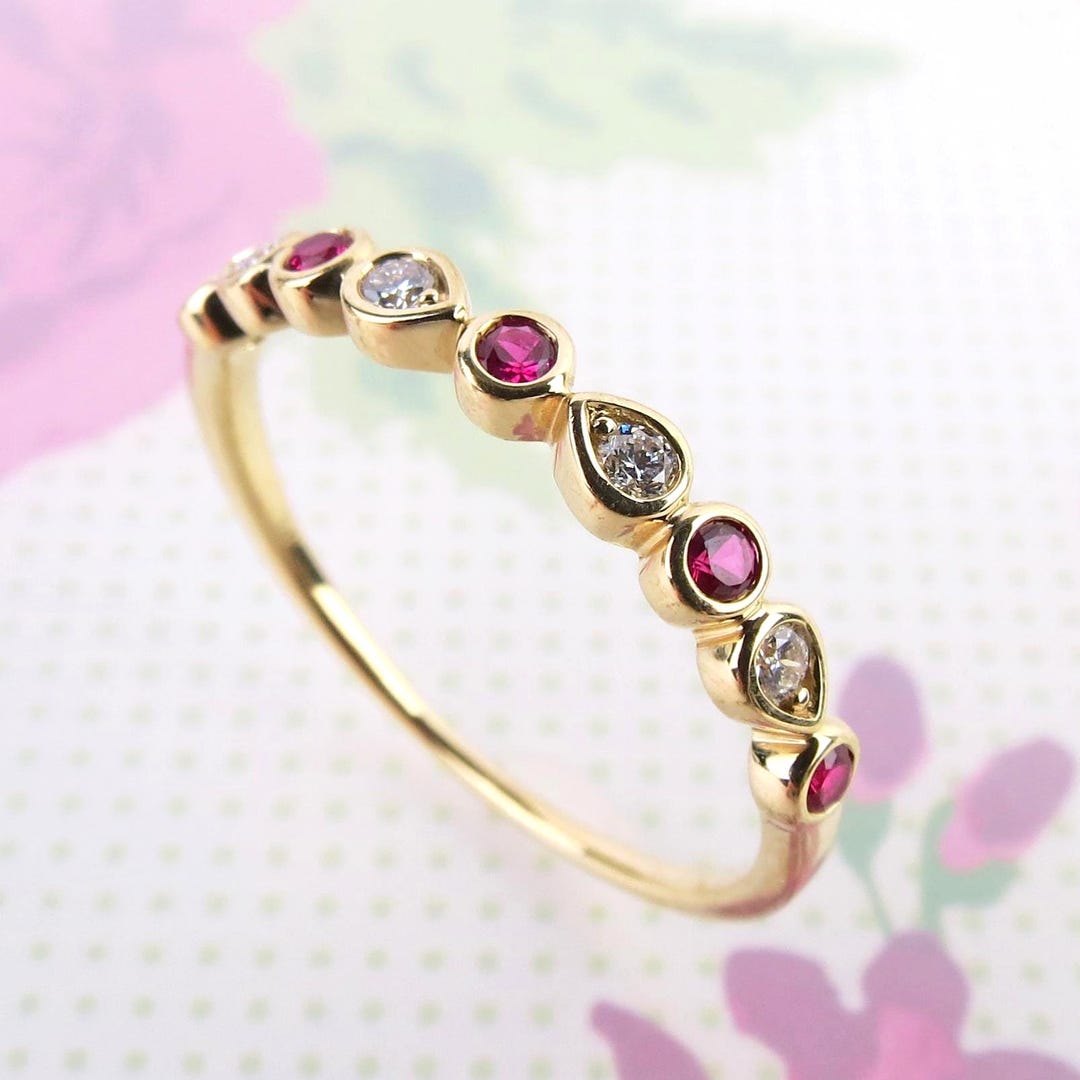 Natural Deep Red Ruby Bright White Diamond Single Row 14k Yellow Gold ...