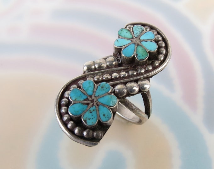 Petite Turquoise Inlay Double Floral Swirl Vintage Sterling - Etsy