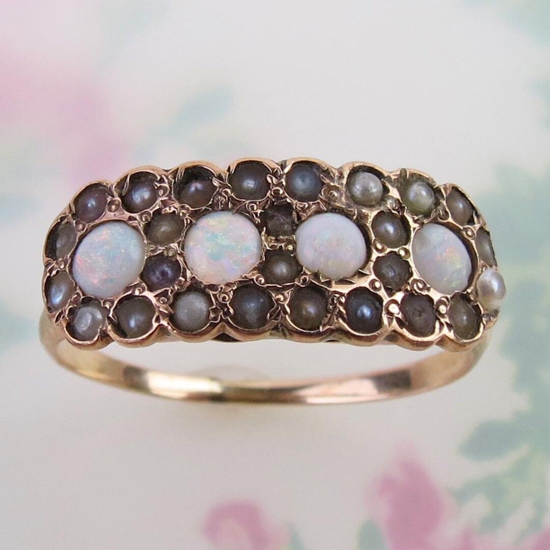 Cluster of Tiny Seed Pearls 3 Opals Vintage 10k Yellow Gold Scalloped Edge Ring Size - Etsy