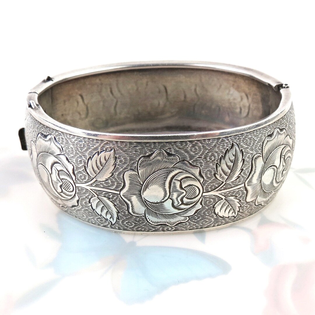 Antique Estate Floral Rose Engraved Victorian Period Sterling Silver ...