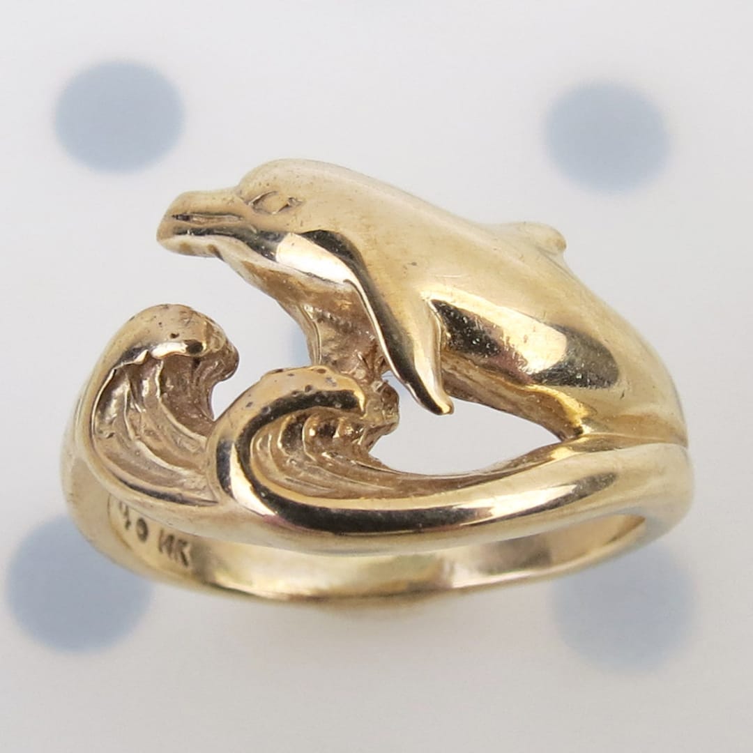 Kabana 14k Yellow Gold Dolphin and Ocean Waves Ring Petite Pinky Size 3 ...