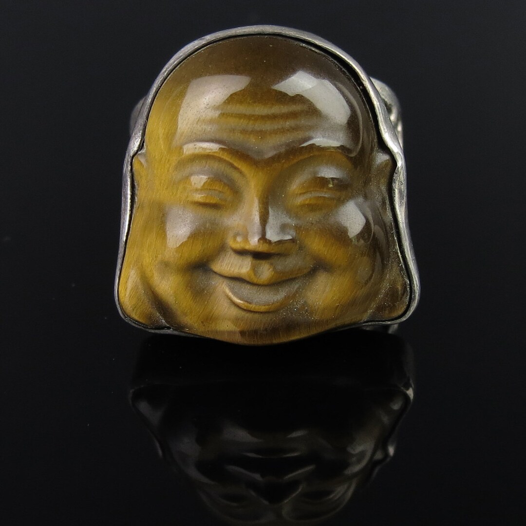 Peaceful Smiling Buddha Carved Tigers Eye Head Sterling Silver Vintage ...