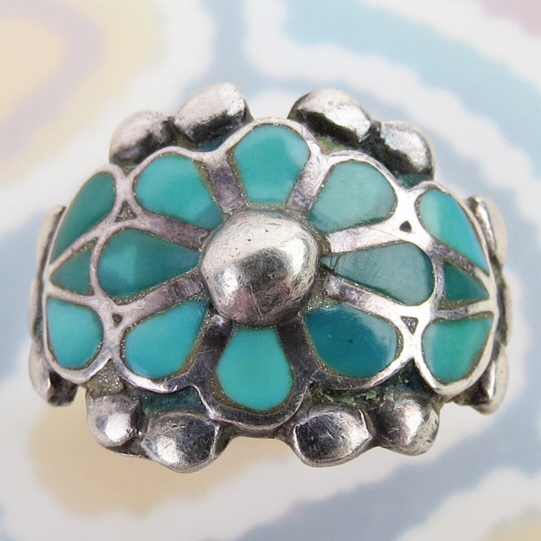 Vintage Zuni Native American Sterling Silver Turquoise Inlay Flower on ...