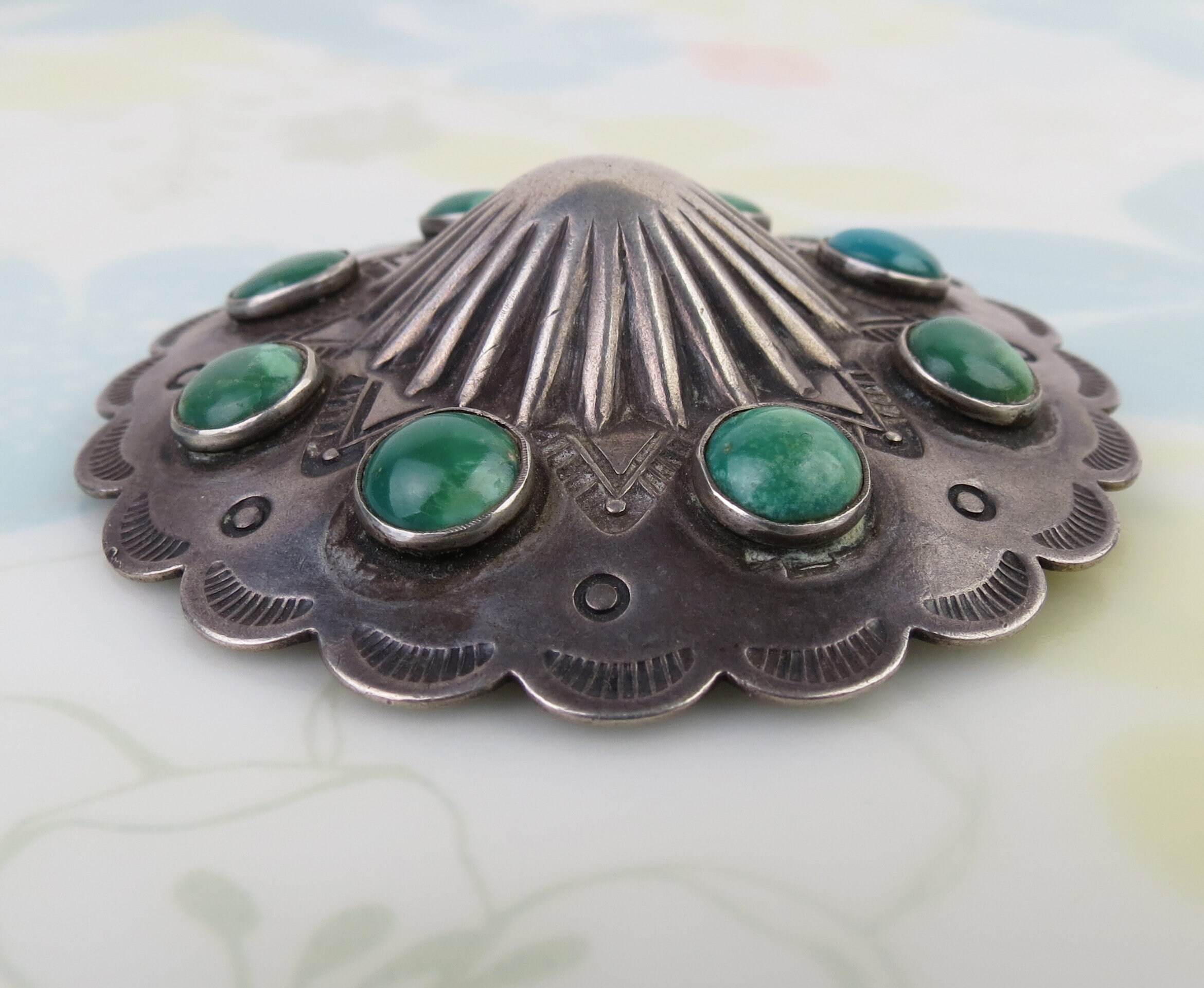 Fine Sterilng Silver Patina Green Turquoise 1950s Fred Harvey Round ...
