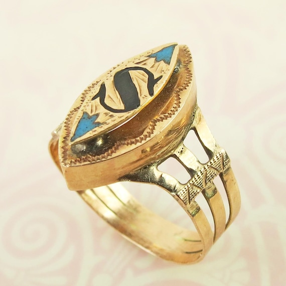 Antique Victorian signet letter "S" 10k yellow gold e… - Gem