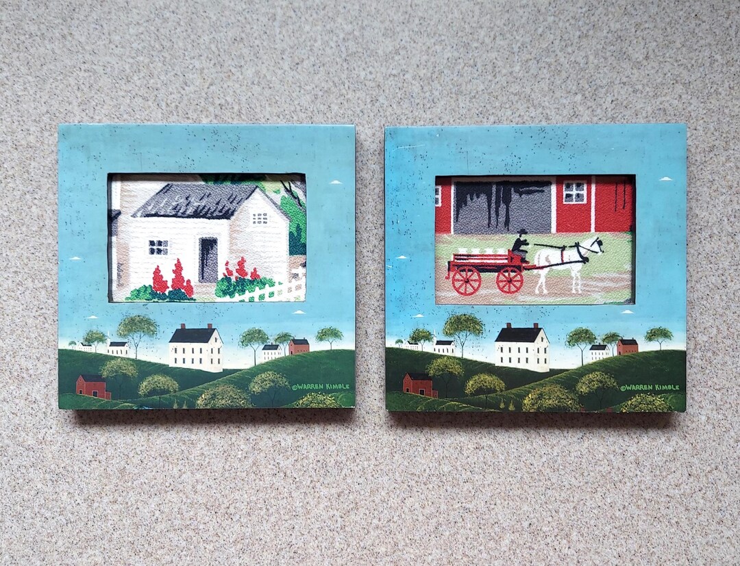 1940s Barkcloth Art in Warren Kimble Americana Frames, a Pair Vintage ...