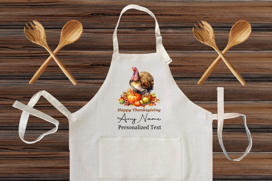 Personalized Happy Thanksgiving Turkey Linen Kitchen Apron, Customized ...