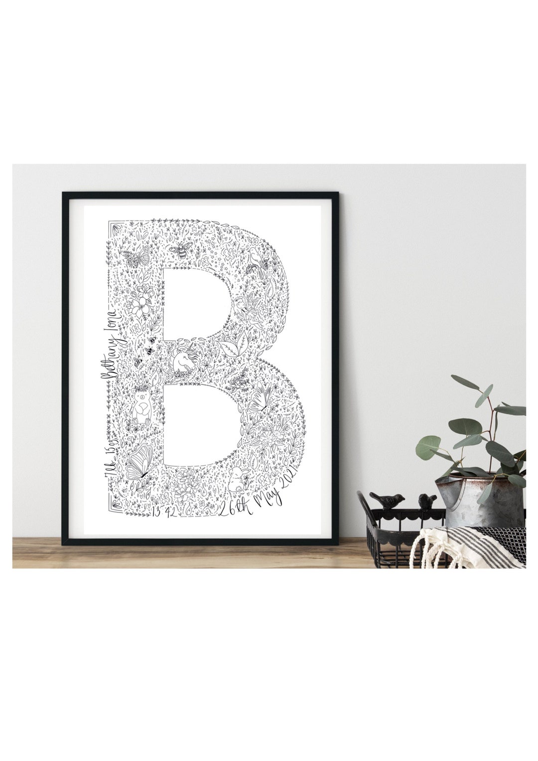 Initial Doodle/black and White/personalised Initial Drawing/ Unframed ...