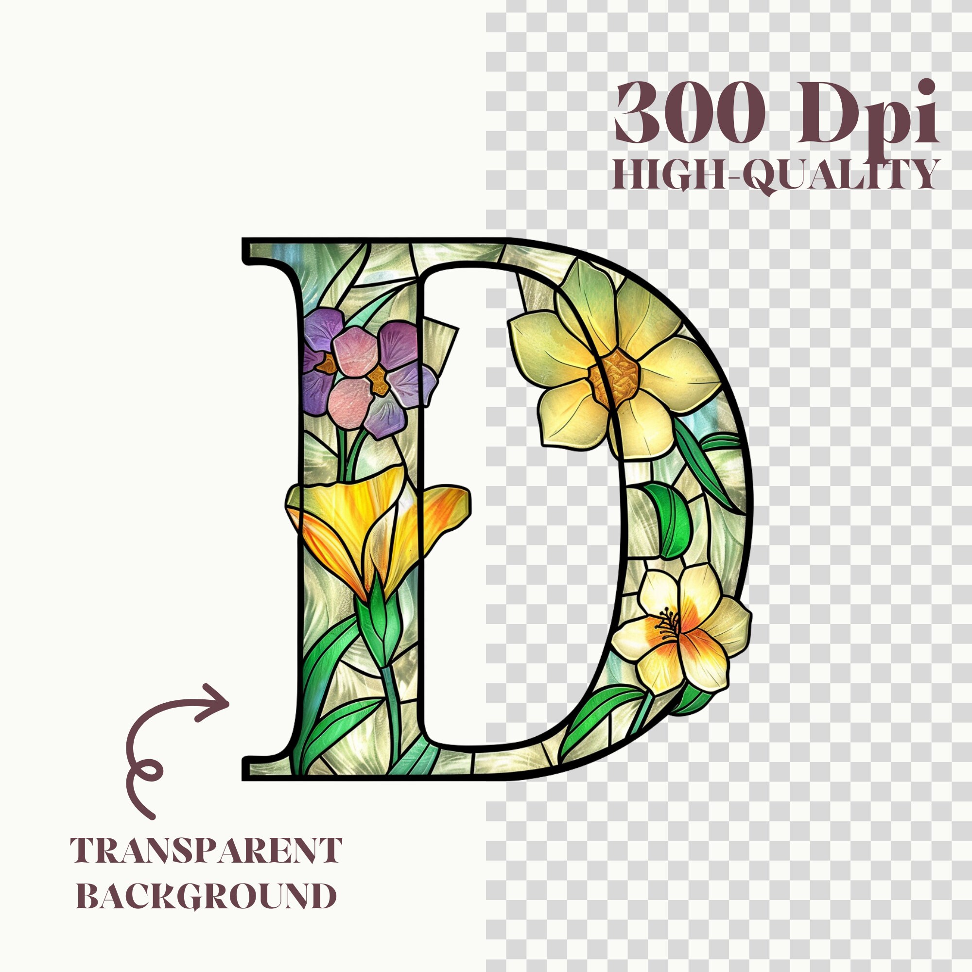 Stained Glass Alphabet PNG, Floral Digital ABC Clipart for Educational ...