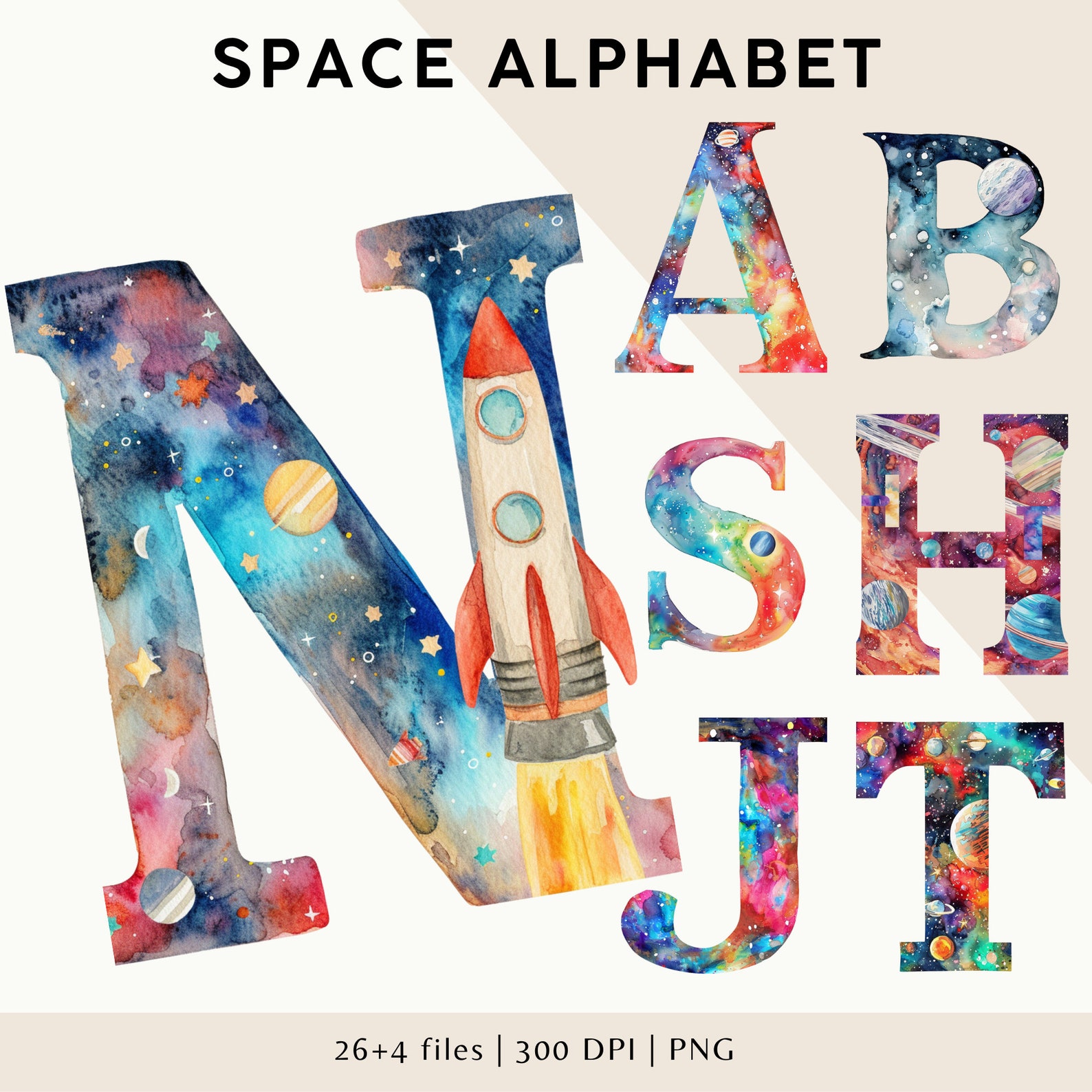 Galactic Watercolor Alphabet - Space Themed Letters, Nursery Decor ...