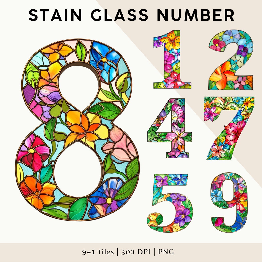 Stained Glass Digital Numbers Clipart, Vibrant Floral Mosaic Number PNG ...