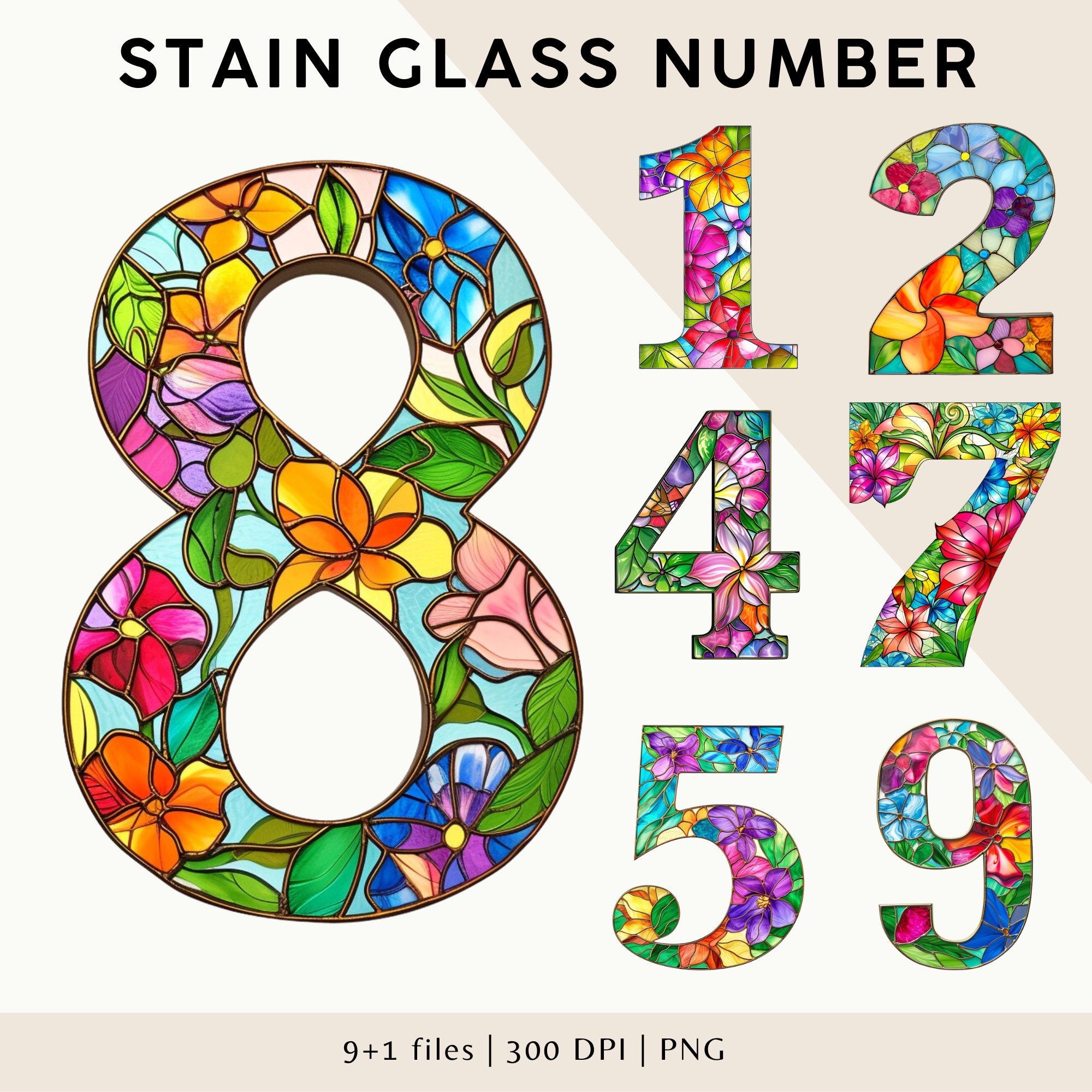 Stained Glass Digital Numbers Clipart, Vibrant Floral Mosaic Number PNG ...