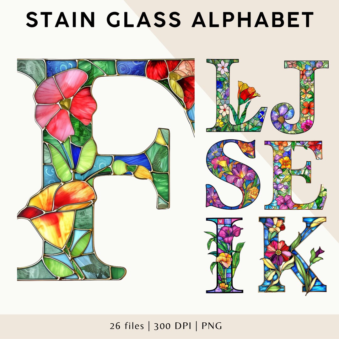 Stained Glass Alphabet PNG, Floral Digital ABC Clipart for Educational ...